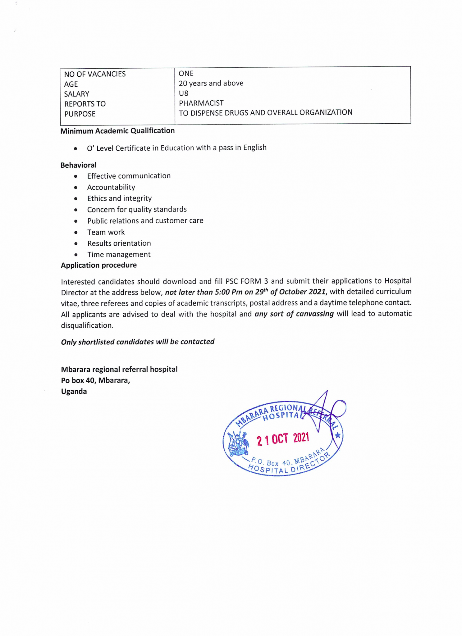 Internal Job Advert No. 2 of 2021 - Mbarara Regional Referral Hospital